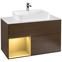 Villeroy & Boch Villeroy und Boch Finion Waschtischunterschrank F361HFGN 100cm, Abdeckplatte white matt, Regal links Gold matt, Walnut veneer