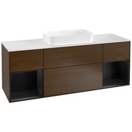 Villeroy & Boch Villeroy und Boch Finion Waschtischunterschrank G331PDGN 160cm, Abdeckplatte white matt, Emotion, Regale Black matt lacquer, Walnut veneer