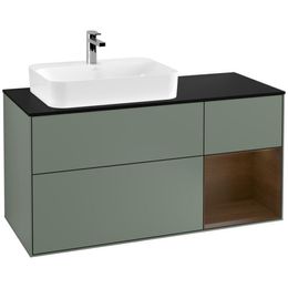 Villeroy & Boch Villeroy und Boch Finion Waschtischunterschrank F402GNGM 120cm, Abdeckplatte black matt, Regal rechts Walnut veneer, Olive Matt Lacquer