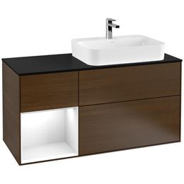 Villeroy & Boch Villeroy und Boch Finion Waschtischunterschrank G392GFGN 120cm, Abdeckplatte black matt, Emotion, Regal links Glossy white lacquer, Walnut veneer