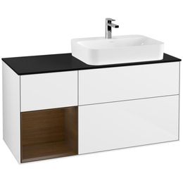 Villeroy & Boch Villeroy und Boch Finion Waschtischunterschrank G392GNGF 120cm, Abdeckplatte black matt, Emotion, Regal links Walnut veneer, Glossy white lacquer