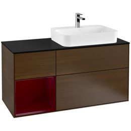 Villeroy & Boch Villeroy und Boch Finion Waschtischunterschrank G392HBGN 120cm, Abdeckplatte black matt, Emotion, Regal links Peony, Walnut veneer