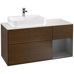 Villeroy & Boch Villeroy und Boch Finion Waschtischunterschrank F401GKGN 120cm, Abdeckplatte white matt, Regal rechts Anthracite matt, Walnut veneer