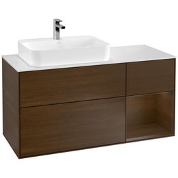 Villeroy & Boch Villeroy und Boch Finion Waschtischunterschrank F401GNGN 120cm, Abdeckplatte white matt, Regal rechts Walnut veneer, Walnut veneer
