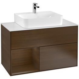 Villeroy & Boch Villeroy und Boch Finion Waschtischunterschrank F111GNGN 100cm, Abdeckplatte black matt, Regal links Walnut veneer, Walnut veneer