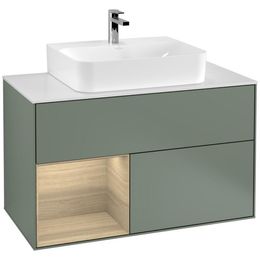 Villeroy & Boch Villeroy und Boch Finion Waschtischunterschrank F111PCGM 100cm, Abdeckplatte black matt, Regal links Oak Veneer, Olive Matt Lacquer
