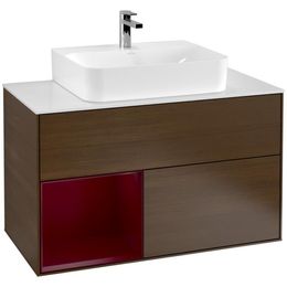 Villeroy & Boch Villeroy und Boch Finion Waschtischunterschrank F111HBGN 100cm, Abdeckplatte black matt, Regal links Peony, Walnut veneer