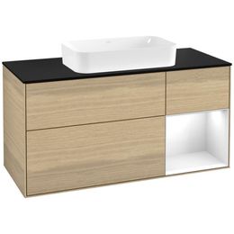 Villeroy & Boch Villeroy und Boch Finion Waschtischunterschrank G302GFPC 120cm, Abdeckplatte black matt, Emotion, Regal rechts Glossy white lacquer, Oak Veneer