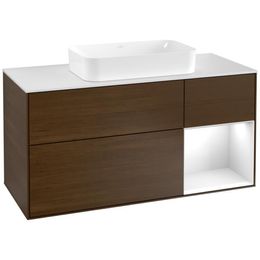 Villeroy & Boch Villeroy und Boch Finion Waschtischunterschrank G301GFGN 120cm, Abdeckplatte white matt, Emotion, Regal rechts Glossy white lacquer, Walnut veneer