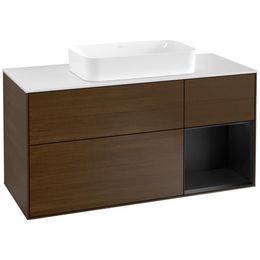 Villeroy & Boch Villeroy und Boch Finion Waschtischunterschrank F301PDGN 120cm, Abdeckplatte white matt, Regal rechts Black matt lacquer, Walnut veneer