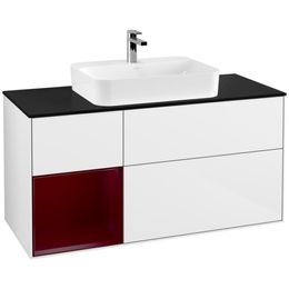 Villeroy & Boch Villeroy und Boch Finion Waschtischunterschrank G412HBGF 120cm, Abdeckplatte black matt, Emotion, Regal links Peony, Glossy white lacquer
