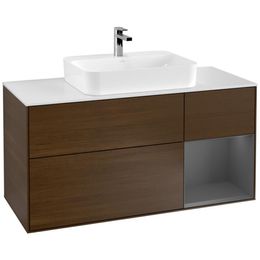 Villeroy & Boch Villeroy und Boch Finion Waschtischunterschrank F421GKGN 120cm, Abdeckplatte white matt, Regal rechts Anthracite matt, Walnut veneer