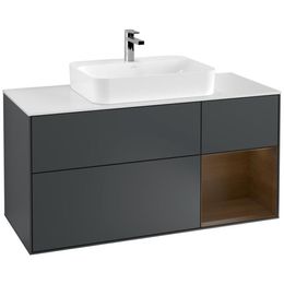 Villeroy & Boch Villeroy und Boch Finion Waschtischunterschrank F421GNHG 120cm, Abdeckplatte white matt, Regal rechts Walnut veneer, Midnight Blue Matt Lacquer