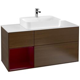 Villeroy & Boch Villeroy und Boch Finion Waschtischunterschrank G411HBGN 120cm, Abdeckplatte white matt, Emotion, Regal links Peony, Walnut veneer