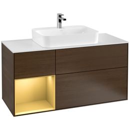 Villeroy & Boch Villeroy und Boch Finion Waschtischunterschrank G411HFGN 120cm, Abdeckplatte white matt, Emotion, Regal links Gold matt, Walnut veneer