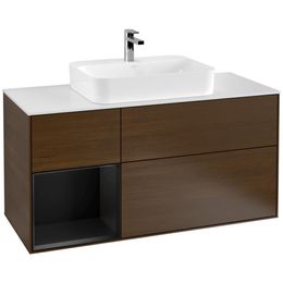 Villeroy & Boch Villeroy und Boch Finion Waschtischunterschrank G411PDGN 120cm, Abdeckplatte white matt, Emotion, Regal links Black matt lacquer, Walnut veneer