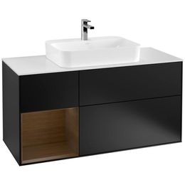 Villeroy & Boch Villeroy und Boch Finion Waschtischunterschrank F411GNPD 120cm, Abdeckplatte white matt, Regal links Walnut veneer, Black matt lacquer