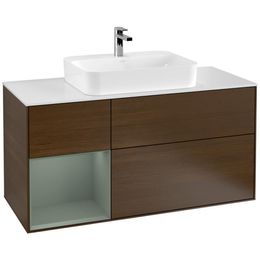 Villeroy & Boch Villeroy und Boch Finion Waschtischunterschrank F411GMGN 120cm, Abdeckplatte white matt, Regal links Olive Matt Lacquer, Walnut veneer