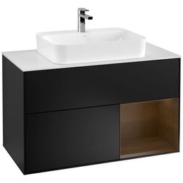 Villeroy & Boch Villeroy und Boch Finion Waschtischunterschrank G371GNPD 100cm, Abdeckplatte white matt, Emotion, Regal rechts Walnut veneer, Black matt lacquer