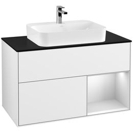Villeroy & Boch Villeroy und Boch Finion Waschtischunterschrank F372MTGF 100cm, Abdeckplatte black matt, Regal rechts White matt lacquer, Glossy white lacquer