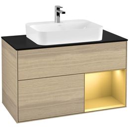 Villeroy & Boch Villeroy und Boch Finion Waschtischunterschrank F372HFPC 100cm, Abdeckplatte black matt, Regal rechts Gold matt, Oak Veneer