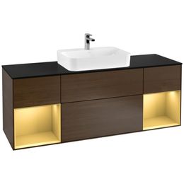 Villeroy & Boch Villeroy und Boch Finion Waschtischunterschrank G452HFGN 160cm, Abdeckplatte black matt, Emotion, Regale Gold matt lacquer, Walnut veneer