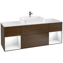 Villeroy & Boch Villeroy und Boch Finion Waschtischunterschrank F451GFGN 160x60,3cm, Abdeckplatte white matt, Regale Glossy white lacquer, Walnut veneer