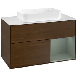 Villeroy & Boch Villeroy und Boch Finion Waschtischunterschrank F251GMGN 100x60,3cm, Abdeckplatte white matt, Regal rechts Olive Matt Lacquer, Walnut veneer