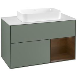Villeroy & Boch Villeroy und Boch Finion Waschtischunterschrank F251GNGM 100x60,3cm, Abdeckplatte white matt, Regal rechts Walnut veneer, Olive Matt Lacquer