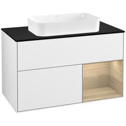 Villeroy & Boch Villeroy und Boch Finion Waschtischunterschrank F252PCGF 100x60,3cm, Abdeckplatte black matt, Regal rechts Oak Veneer, Glossy white lacquer