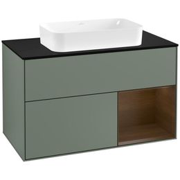 Villeroy & Boch Villeroy und Boch Finion Waschtischunterschrank F252GNGM 100x60,3cm, Abdeckplatte black matt, Regal rechts Walnut veneer, Olive Matt Lacquer