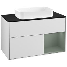 Villeroy & Boch Villeroy und Boch Finion Waschtischunterschrank F252GMMT 100x60,3cm, Abdeckplatte black matt, Regal rechts Olive Matt Lacquer, White matt lacquer
