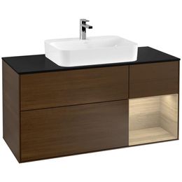 Villeroy & Boch Villeroy und Boch Finion Waschtischunterschrank F422PCGN 120cm, Abdeckplatte black matt, Regal rechts Oak Veneer, Walnut veneer