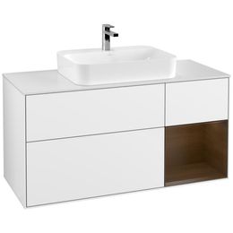 Villeroy & Boch Villeroy und Boch Finion Waschtischunterschrank G421GNGF 120cm, Abdeckplatte white matt, Emotion, Regal rechts Walnut veneer, Glossy white lacquer