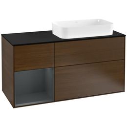Villeroy & Boch Villeroy und Boch Finion Waschtischunterschrank F272HGGN 120cm, Abdeckplatte black matt, Regal links Midnight Blue Matt Lacquer, Walnut veneer
