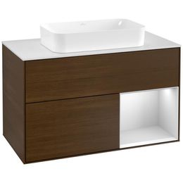 Villeroy & Boch Villeroy und Boch Finion Waschtischunterschrank G251MTGN 100cm, Abdeckplatte white matt, Emotion, Regal rechts White matt lacquer, Walnut veneer
