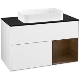 Villeroy & Boch Villeroy und Boch Finion Waschtischunterschrank G252GNGF 100cm, Abdeckplatte black matt, Emotion, Regal rechts Walnut veneer, Glossy white lacquer