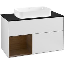Villeroy & Boch Villeroy und Boch Finion Waschtischunterschrank G242GNMT 100cm, Abdeckplatte black matt, Emotion, Regal links Walnut veneer, White matt lacquer