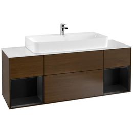 Villeroy & Boch Villeroy und Boch Finion Waschtischunterschrank G211PDGN 160cm, Abdeckplatte white matt, Emotion, Regale Black matt lacquer, Walnut veneer