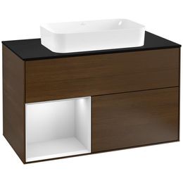 Villeroy & Boch Villeroy und Boch Finion Waschtischunterschrank F242MTGN 100x60,3cm, Abdeckplatte black matt, Regal links White matt lacquer, Walnut veneer