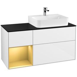Villeroy & Boch Villeroy und Boch Finion Waschtischunterschrank F142HFGF 120cm, Abdeckplatte Glass Black Matt, Regal links Gold matt, Glossy white lacquer