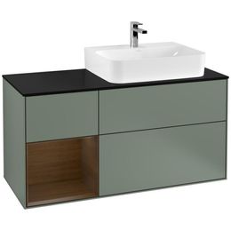 Villeroy & Boch Villeroy und Boch Finion Waschtischunterschrank F142GNGM 120cm, Abdeckplatte Glass Black Matt, Regal links Walnut veneer, Olive Matt Lacquer