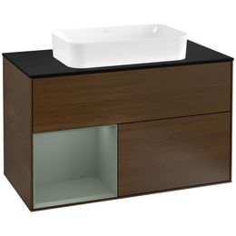 Villeroy & Boch Villeroy und Boch Finion Waschtischunterschrank F242GMGN 100x60,3cm, Abdeckplatte black matt, Regal links Olive Matt Lacquer, Walnut veneer