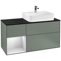 Villeroy & Boch Villeroy und Boch Finion Waschtischunterschrank F142MTGM 120cm, Abdeckplatte Glass Black Matt, Regal links White matt lacquer, Olive Matt Lacquer