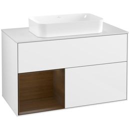 Villeroy & Boch Villeroy und Boch Finion Waschtischunterschrank F241GNGF 100x60,3cm, Abdeckplatte white matt, Regal links Walnut veneer, Glossy white lacquer