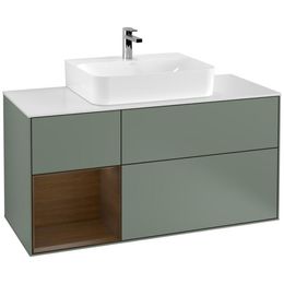 Villeroy & Boch Villeroy und Boch Finion Waschtischunterschrank F161GNGM 120cm, Abdeckplatte white matt, Regal links Walnut veneer, Olive Matt Lacquer
