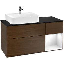 Villeroy & Boch Villeroy und Boch Finion Waschtischunterschrank F152GFGN 120cm, Abdeckplatte black matt, Regal rechts Glossy white lacquer, Walnut veneer