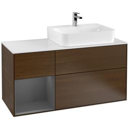 Villeroy & Boch Villeroy und Boch Finion Waschtischunterschrank F141GKGN 120cm, Abdeckplatte glass white Matt, Regal links Anthracite matt, Walnut veneer