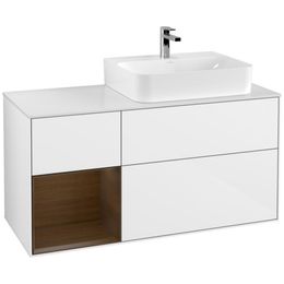 Villeroy & Boch Villeroy und Boch Finion Waschtischunterschrank F141GNGF 120cm, Abdeckplatte glass white Matt, Regal links Walnut veneer, Glossy white lacquer