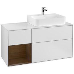 Villeroy & Boch Villeroy und Boch Finion Waschtischunterschrank F141GNMT 120cm, Abdeckplatte glass white Matt, Regal links Walnut veneer, White matt lacquer